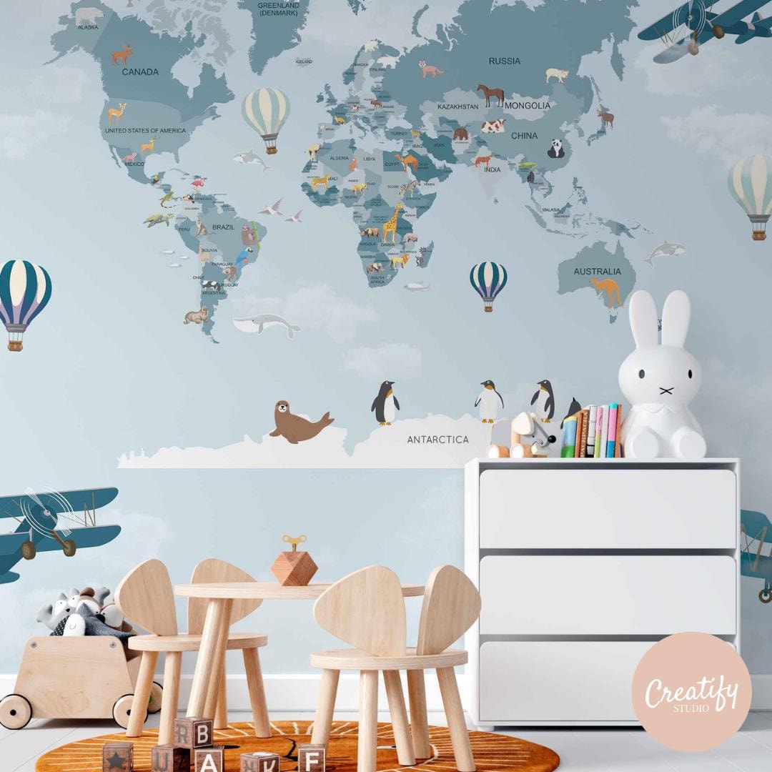 Kids World Map Digital Print | Adventure Wallpaper and Poster | Animal ...