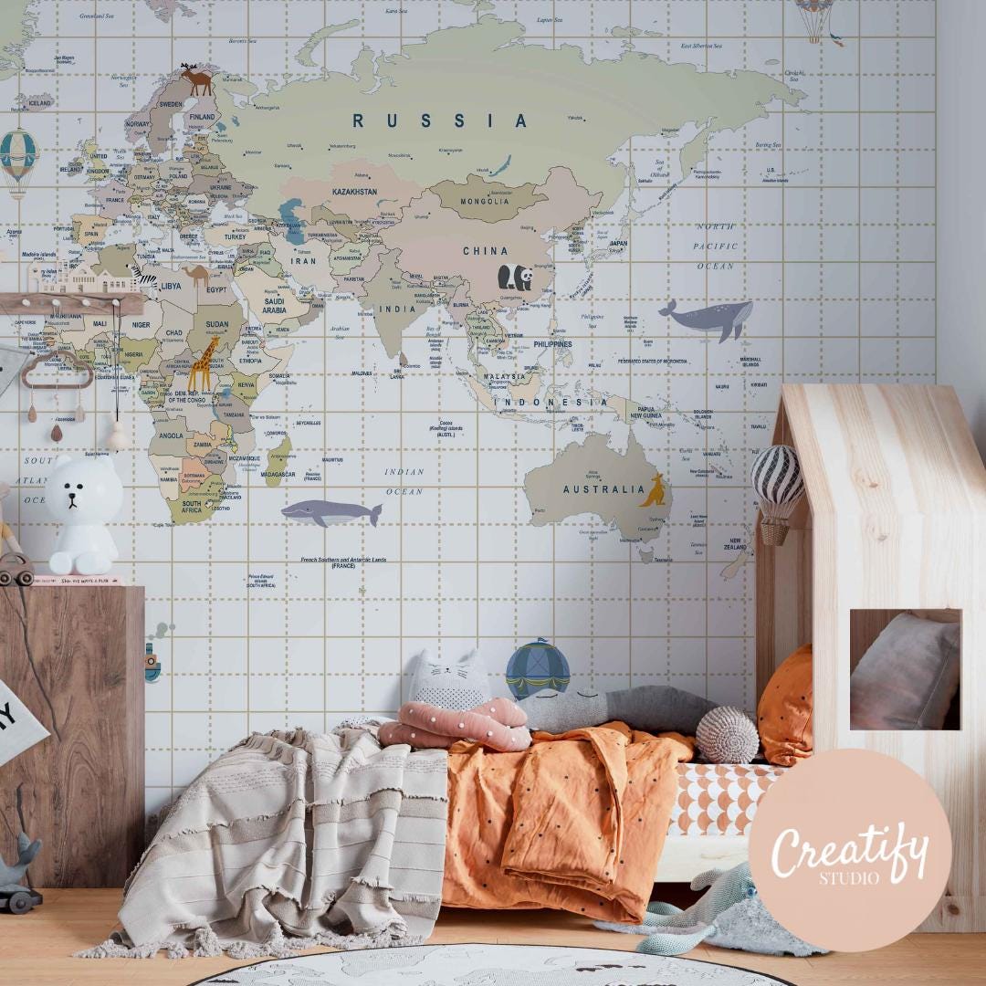 Kids World Map Printable | Digital Download for Nursery, Playroom ...