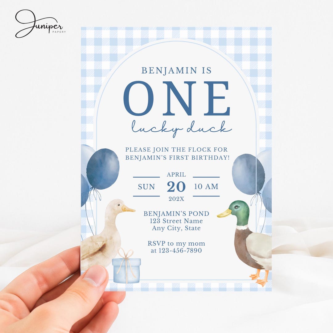 One Lucky Duck Birthday Invitation, Blue Gingham Mallard Duck ...
