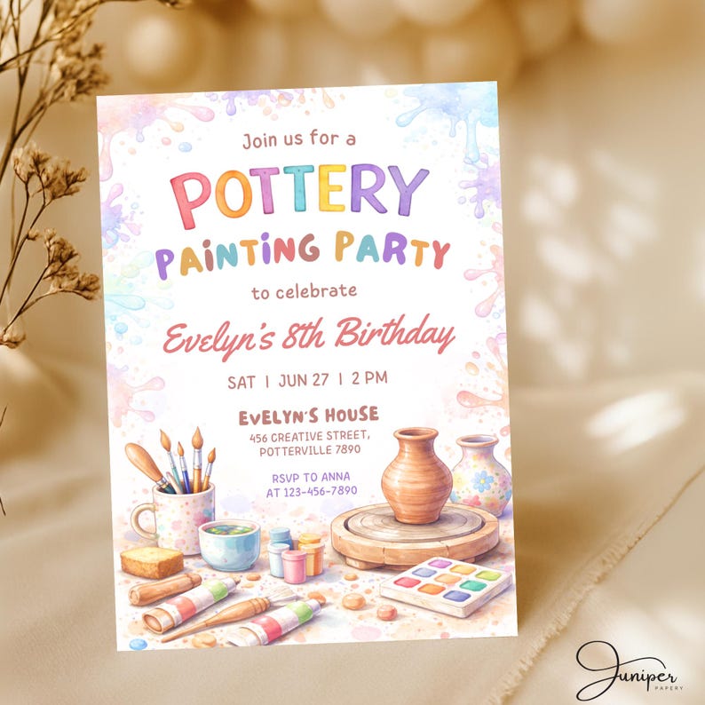 Pottery Painting Party Birthday Invitation, Art and Craft Birthday Card ...