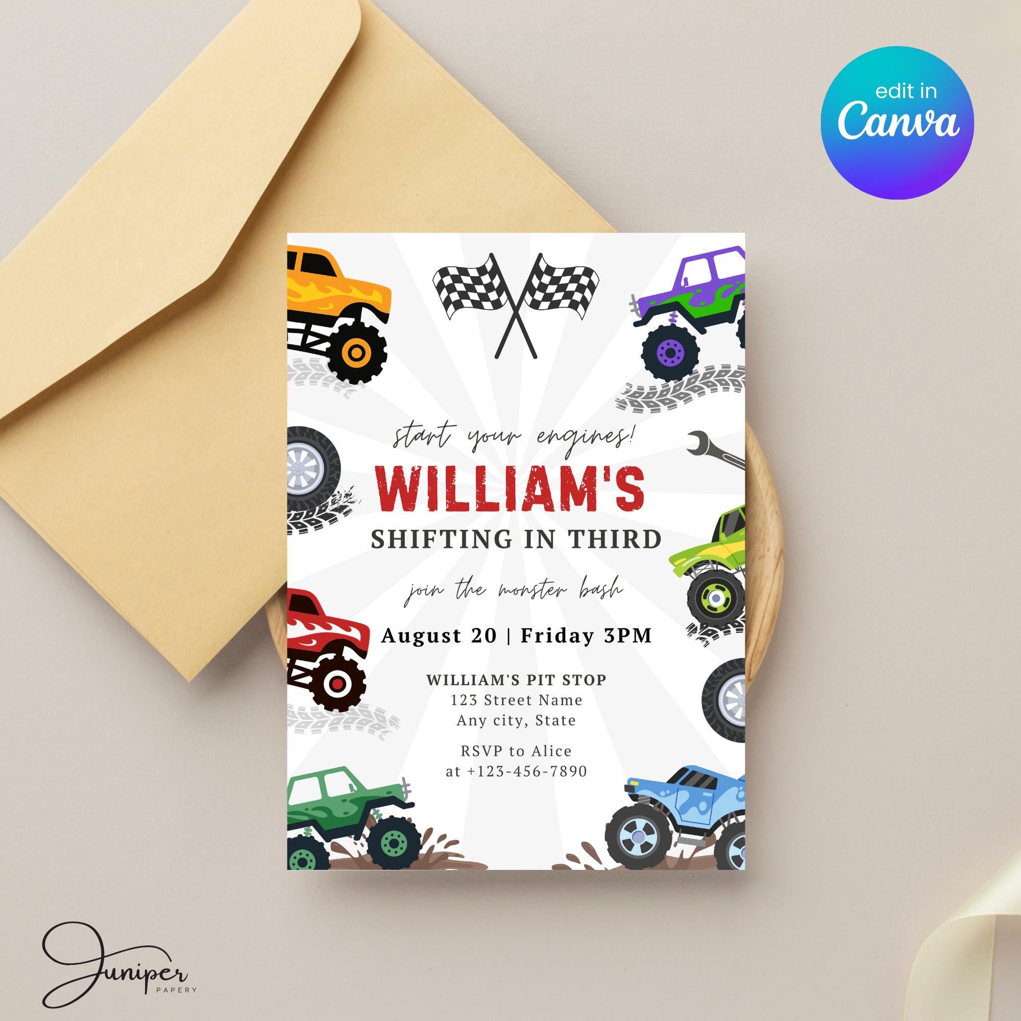 Monster Truck Birthday Invitation, Third Gear Race Car Invitation ...