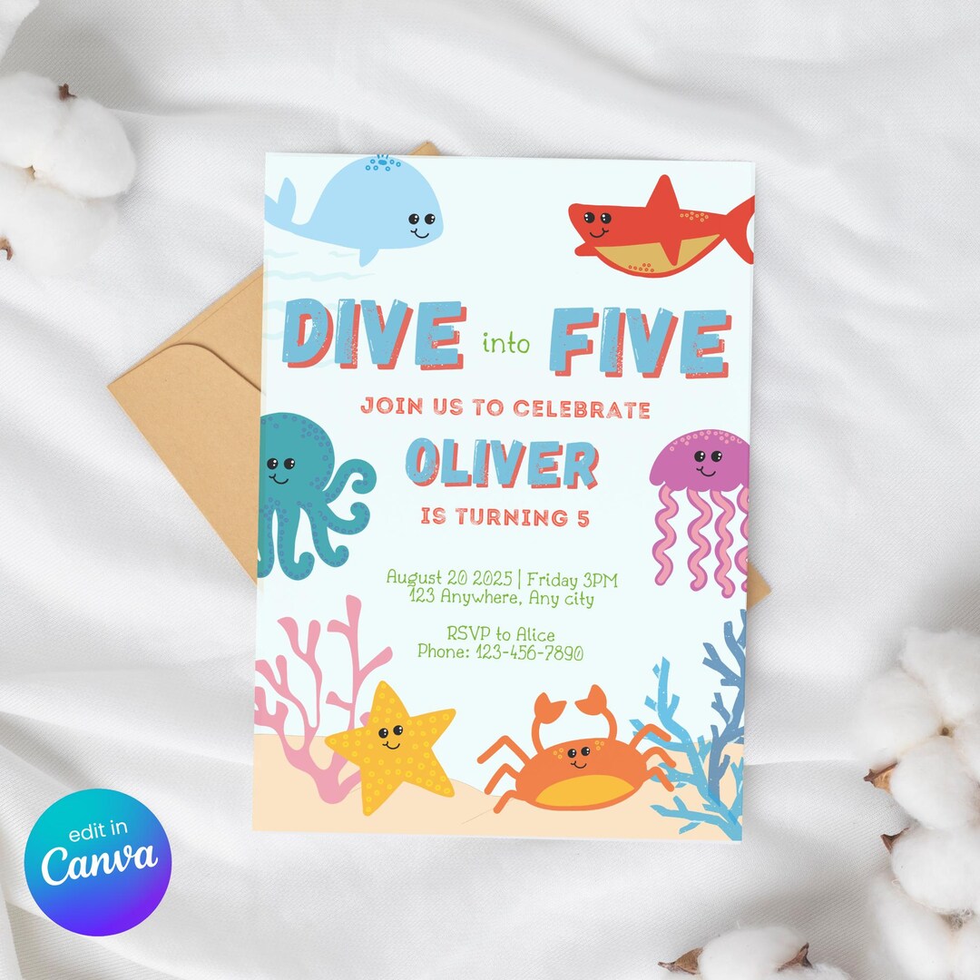 Dive Into Five Birthday Invitation Boy, Under the Sea 5th Birthday ...