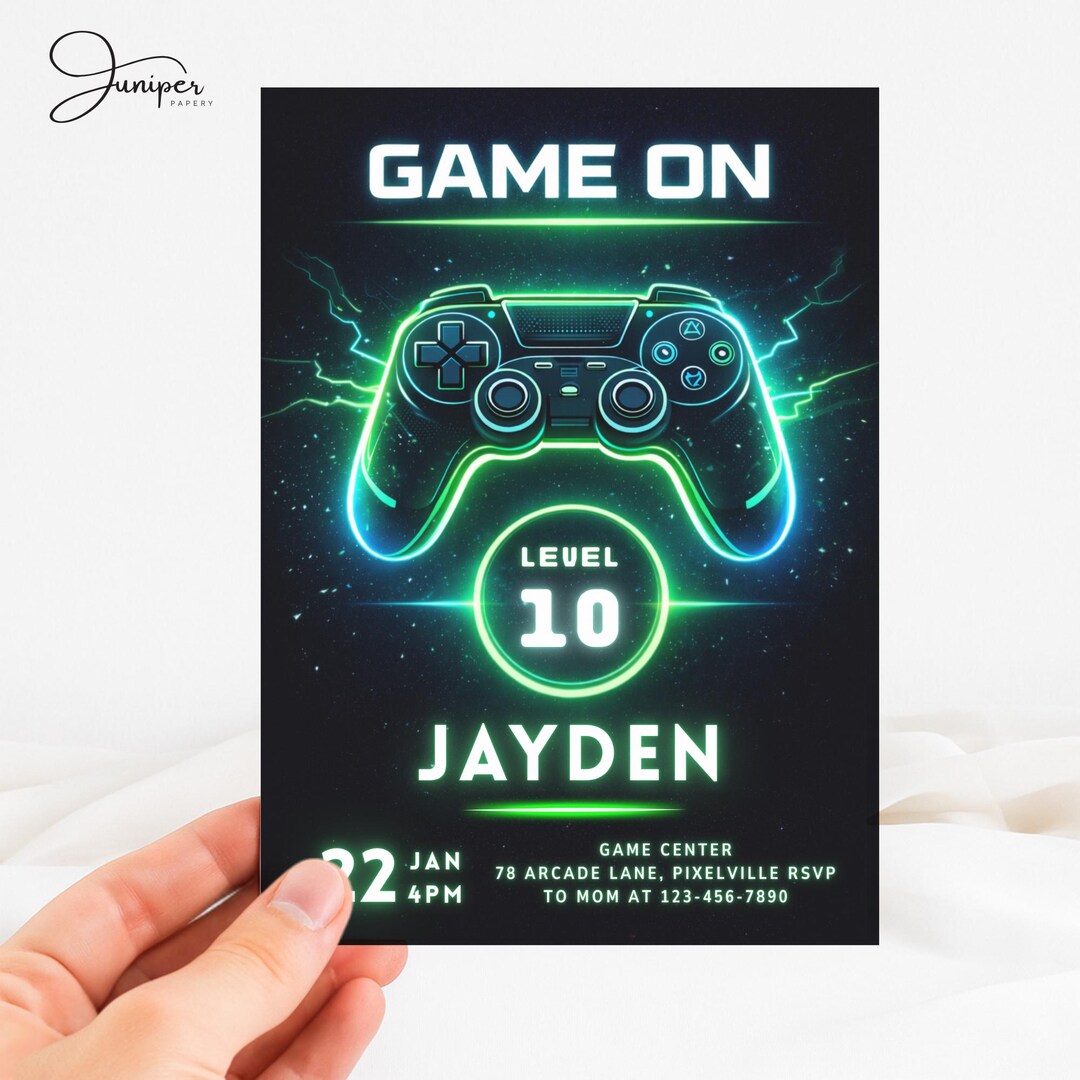 Game on Level up Birthday Invitation, Retro Neon Birthday Card, Game ...