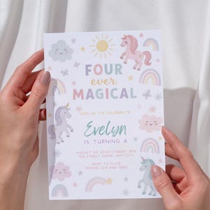 Four Ever Magical Unicorn Invitation Canva Template, Magical 4 Year Old ...