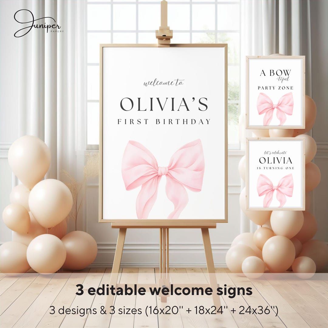 Pink Bow Birthday Welcome Sign, Coquette Ribbon Party Entrance Poster ...