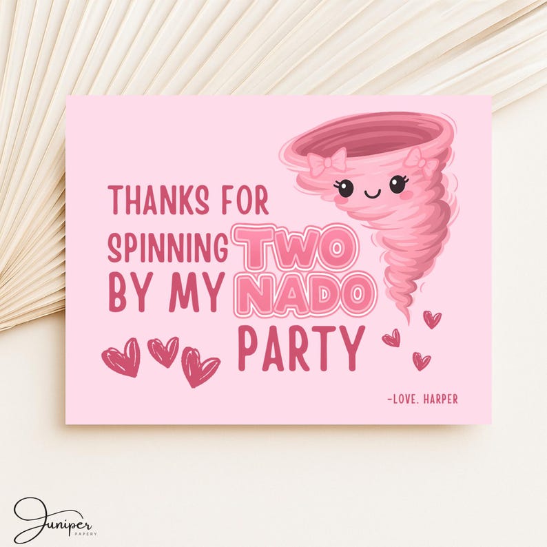 Editable Twonado Birthday Thank You Cards, Pink Tornado Birthday Party ...