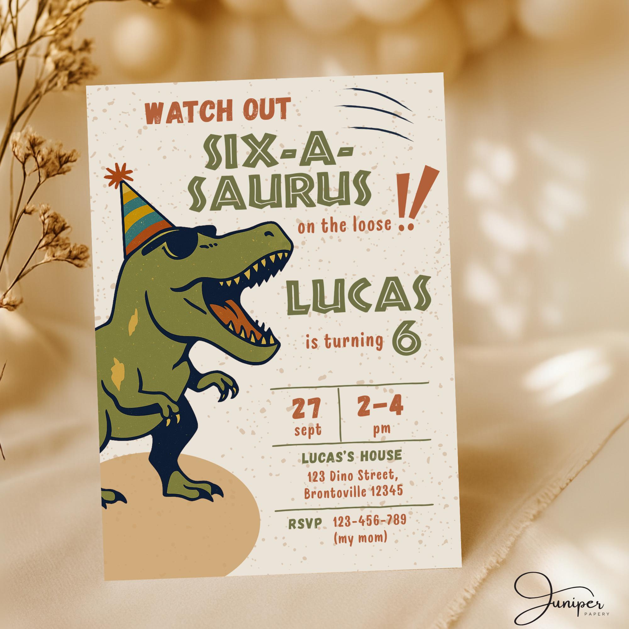 Six-a-saurus Invite, Dinosaur 6th Birthday Invitation, Party Dinosaur ...