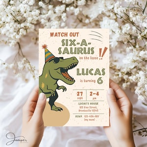 Six-a-saurus Invite, Dinosaur 6th Birthday Invitation, Party Dinosaur ...