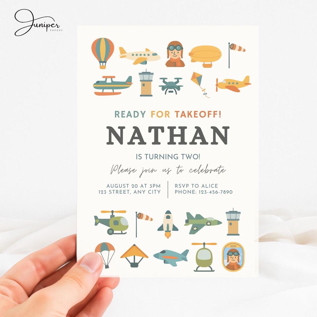 Plane Birthday Party Invite, Aviator Invite, Vehicle Transportation ...