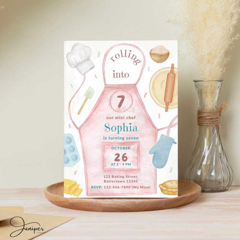 Editable Cooking Birthday Invitation, Pink Apron Cooking, Kitchen Party ...