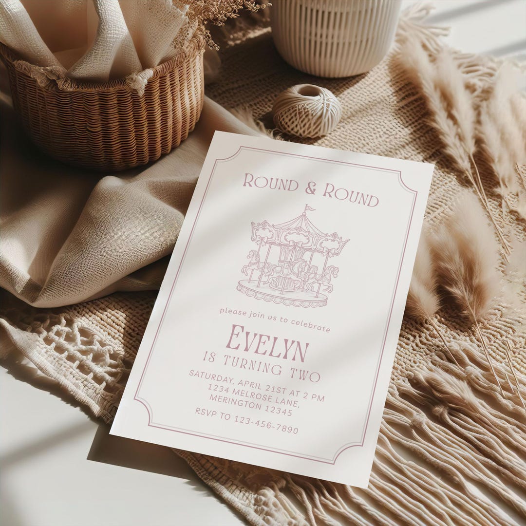 Pink Horse Carousel Birthday Invitation, Merry-go-round Invite, Pink ...