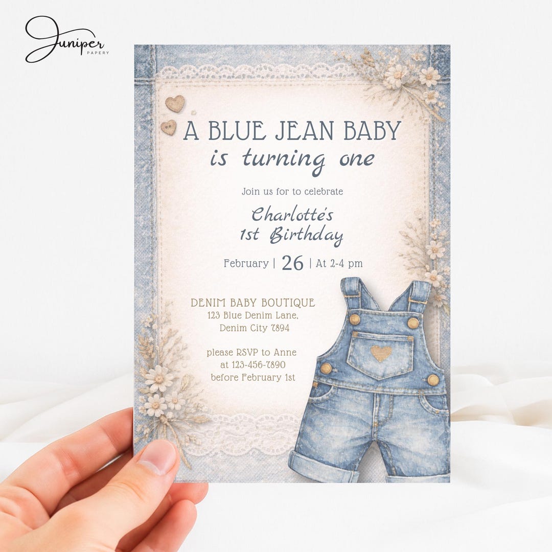 Blue Jeans Baby Birthday Invitation, Denim First Birthday Party Invite ...
