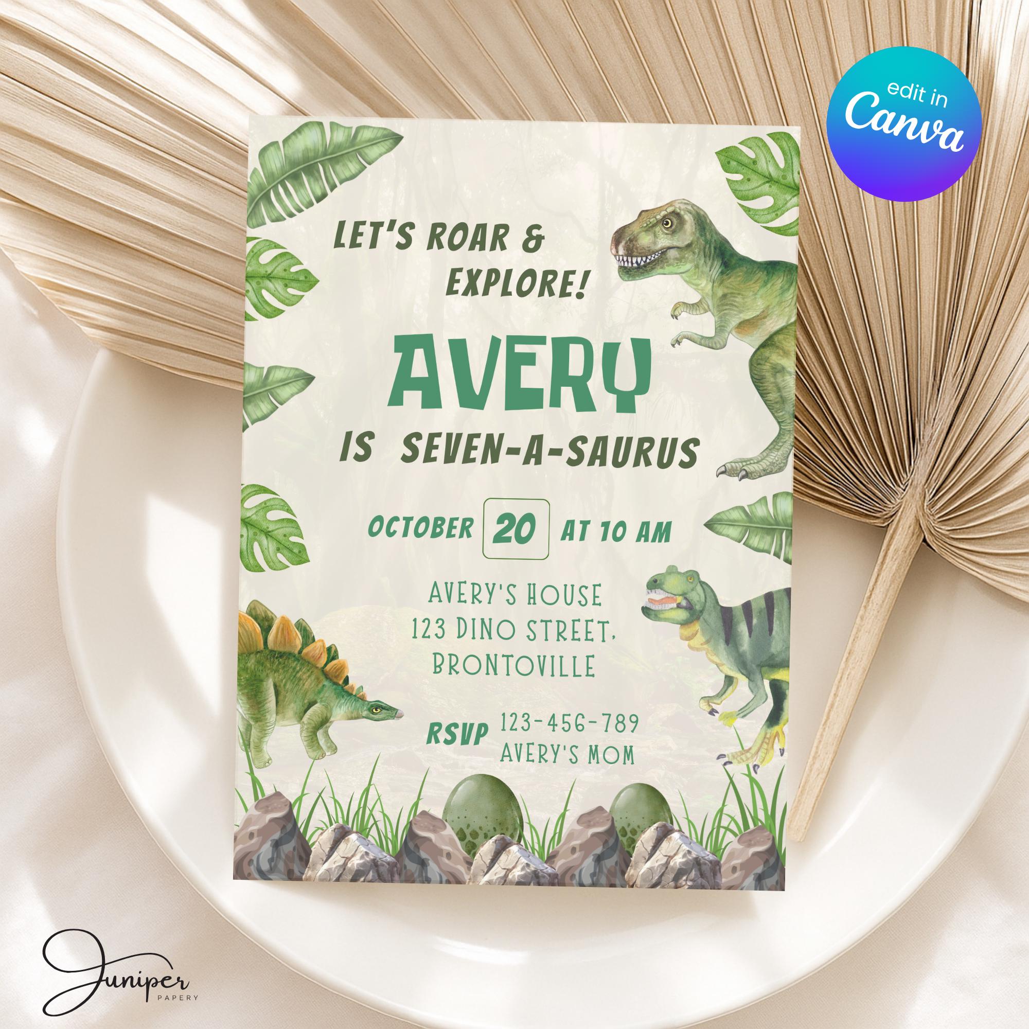 Seven-a-saurus Birthday Invitation, Dinosaur T-rex Invite, Jurassic ...