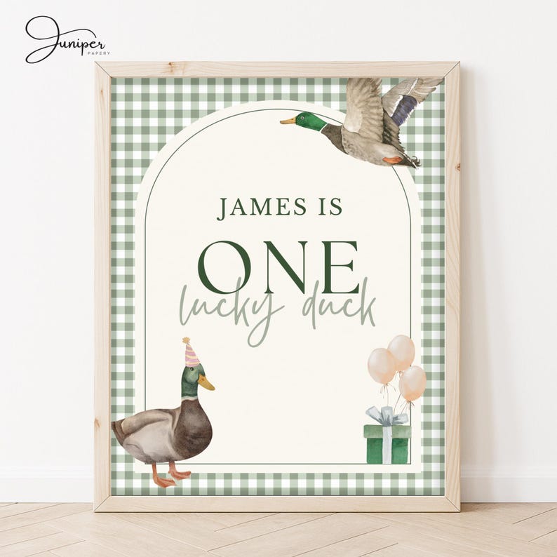 Editable Green Duck Birthday Welcome Signs, Green Gingham Mallard ...