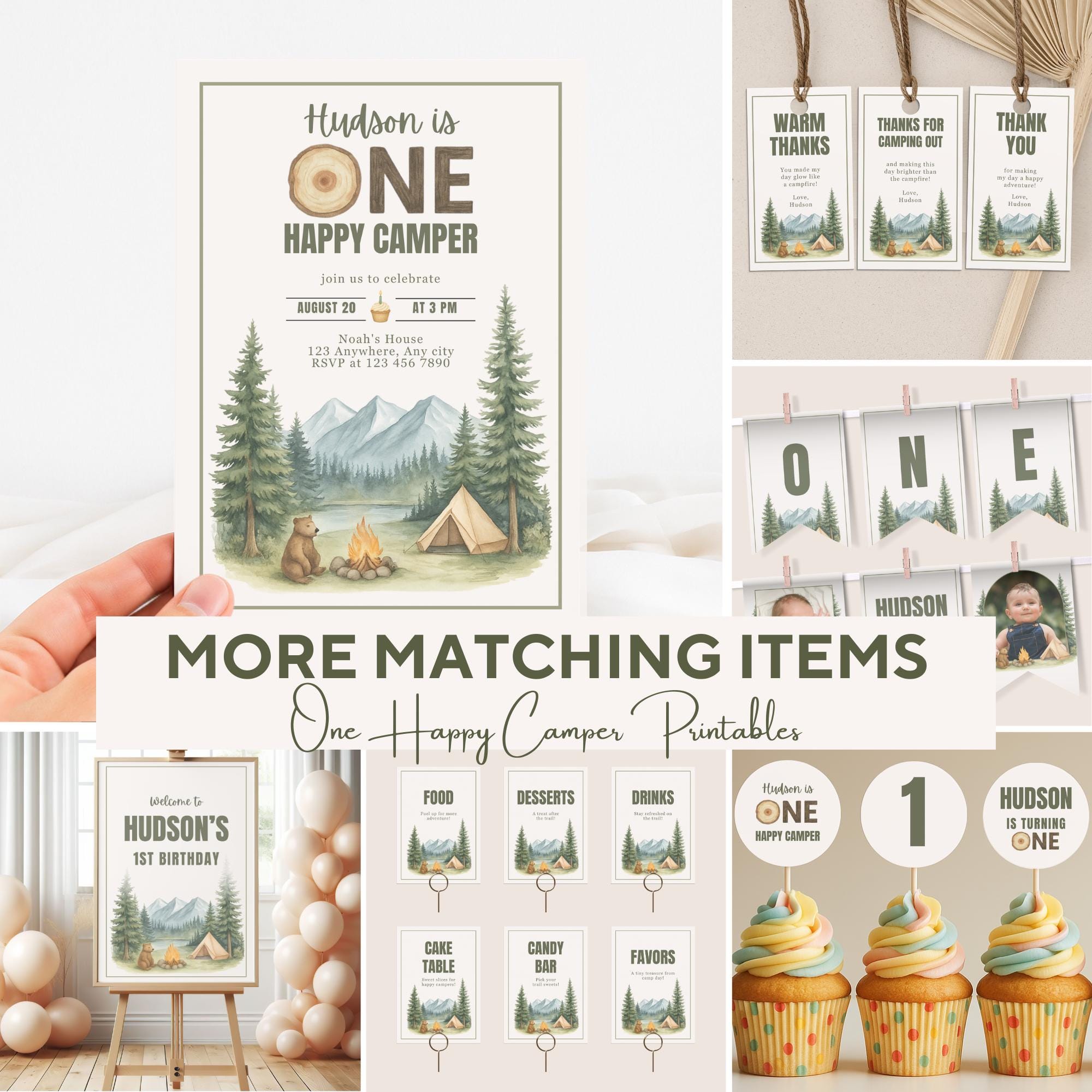 Editable One Happy Camper Favor Tags, Bear Camping Birthday Gift Tag ...