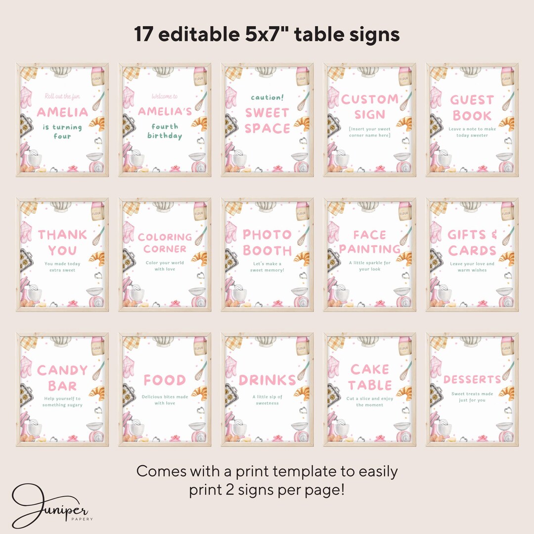 Editable Baking Party Birthday Table Signs, Baker Kitchen Party Table ...
