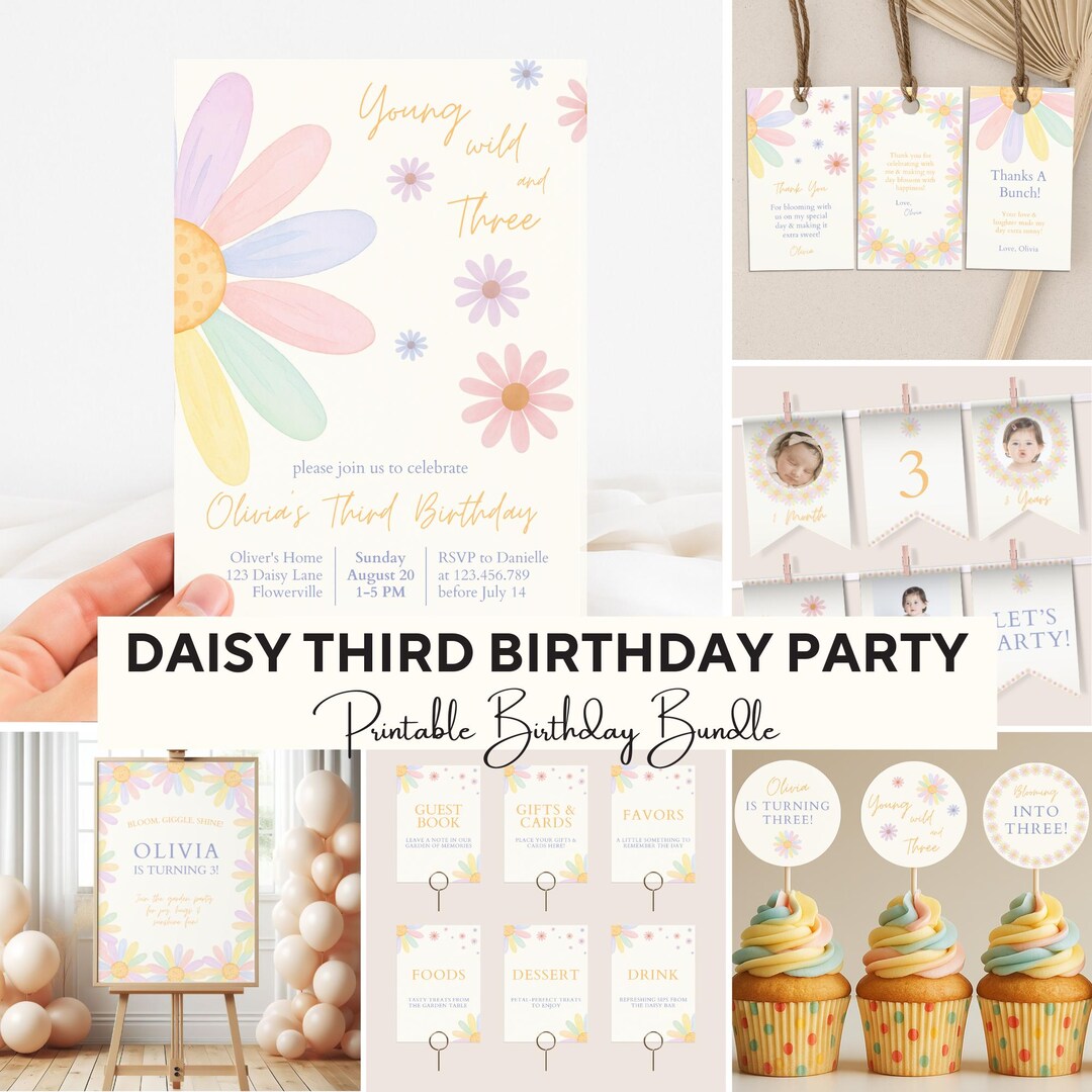 Editable Daisy Birthday Bundle, Daisy Party Templates, Wildflower Party ...