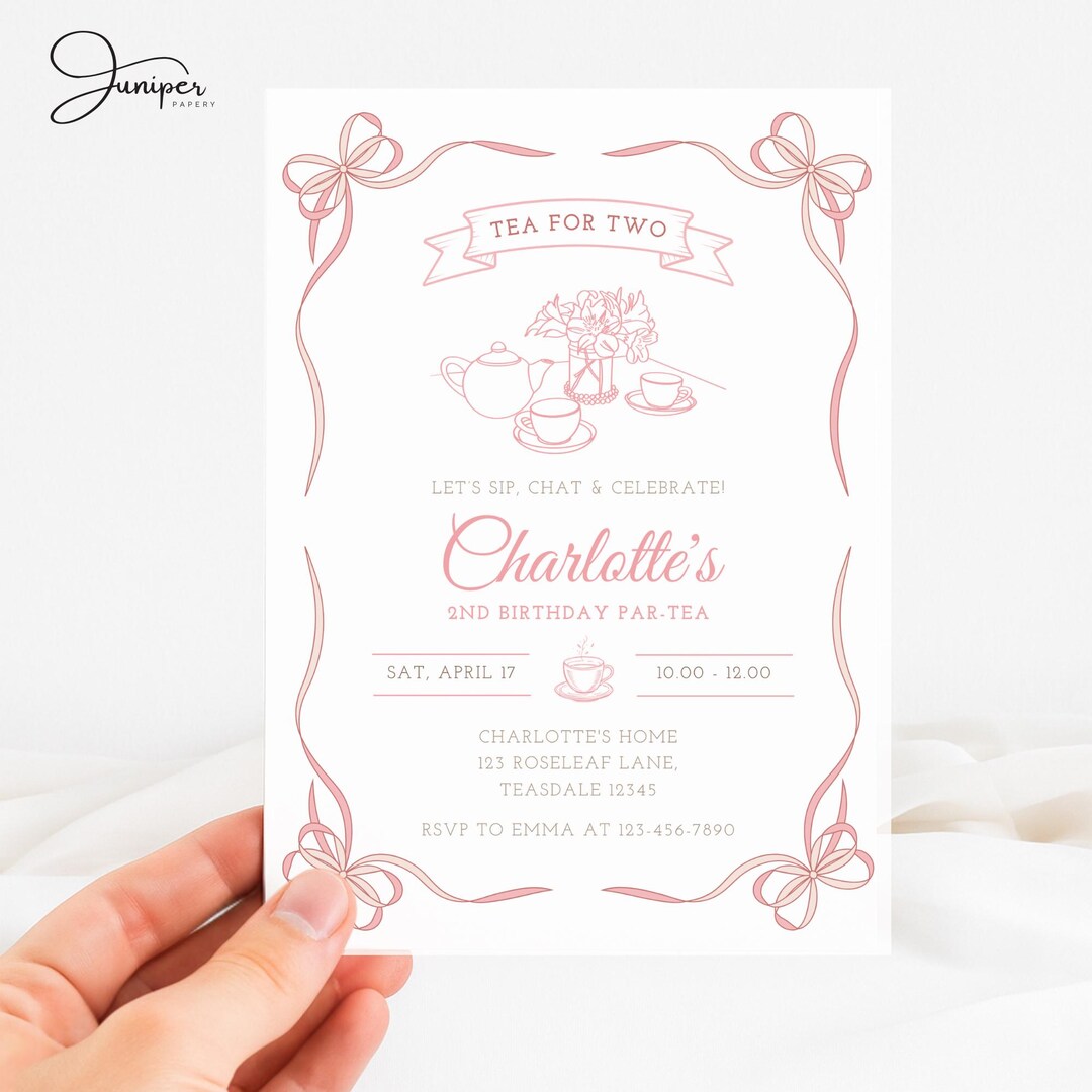 Tea for Two Birthday Invitation, Hand Drawn Whimsical Par-tea Birthday ...