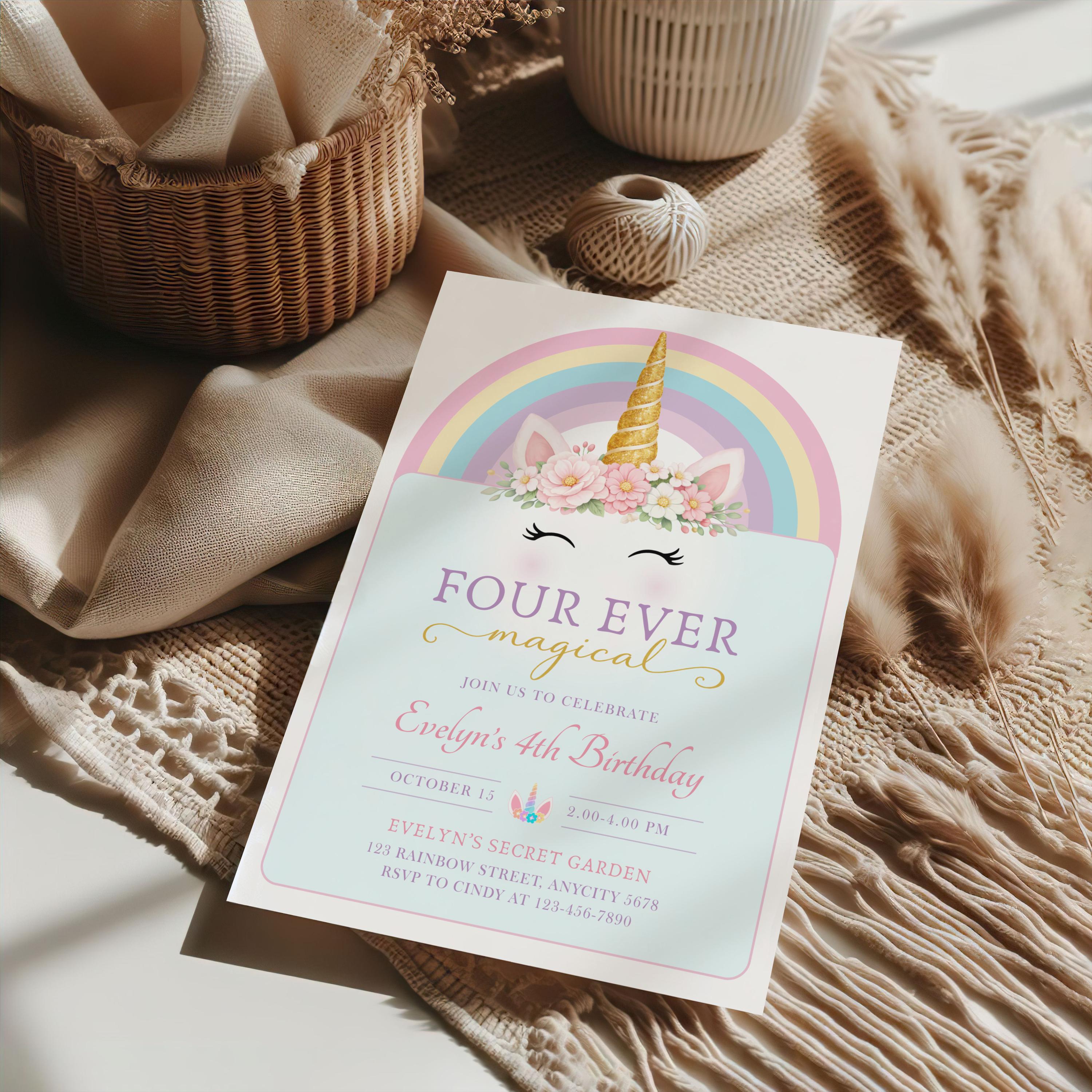 Four Ever Magical Unicorn Birthday Invitation, Pastel Unicorn Rainbow ...