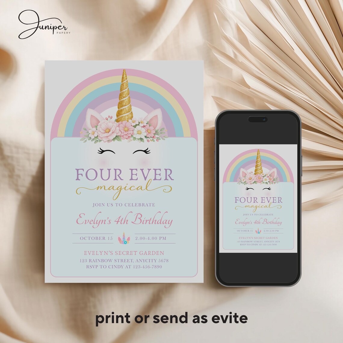 Four Ever Magical Unicorn Birthday Invitation, Pastel Unicorn Rainbow ...