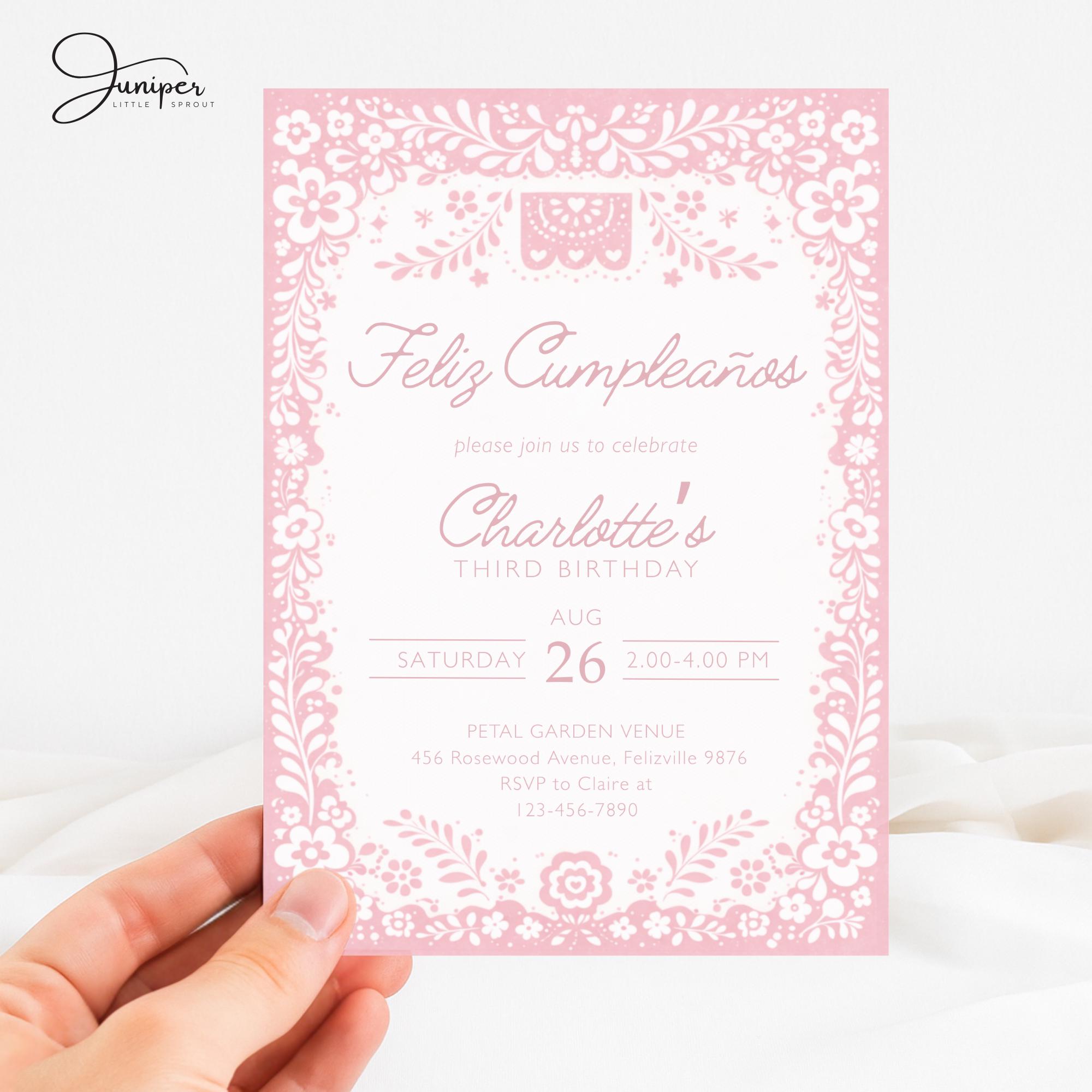 Pink Cielito Lindo Birthday Invitation, Papel Picado Birthday Card ...