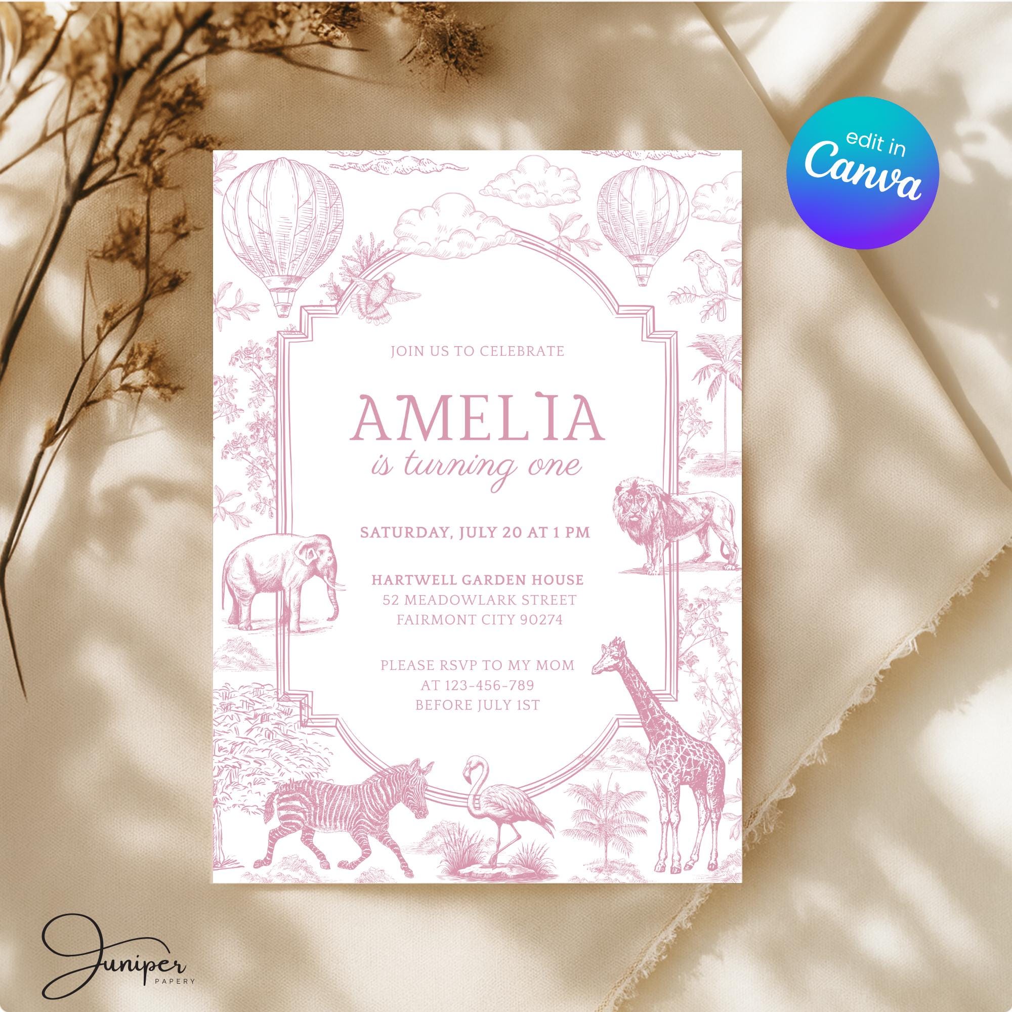 Pink Toile Safari Birthday Invitation, Wild One Safari Birthday ...