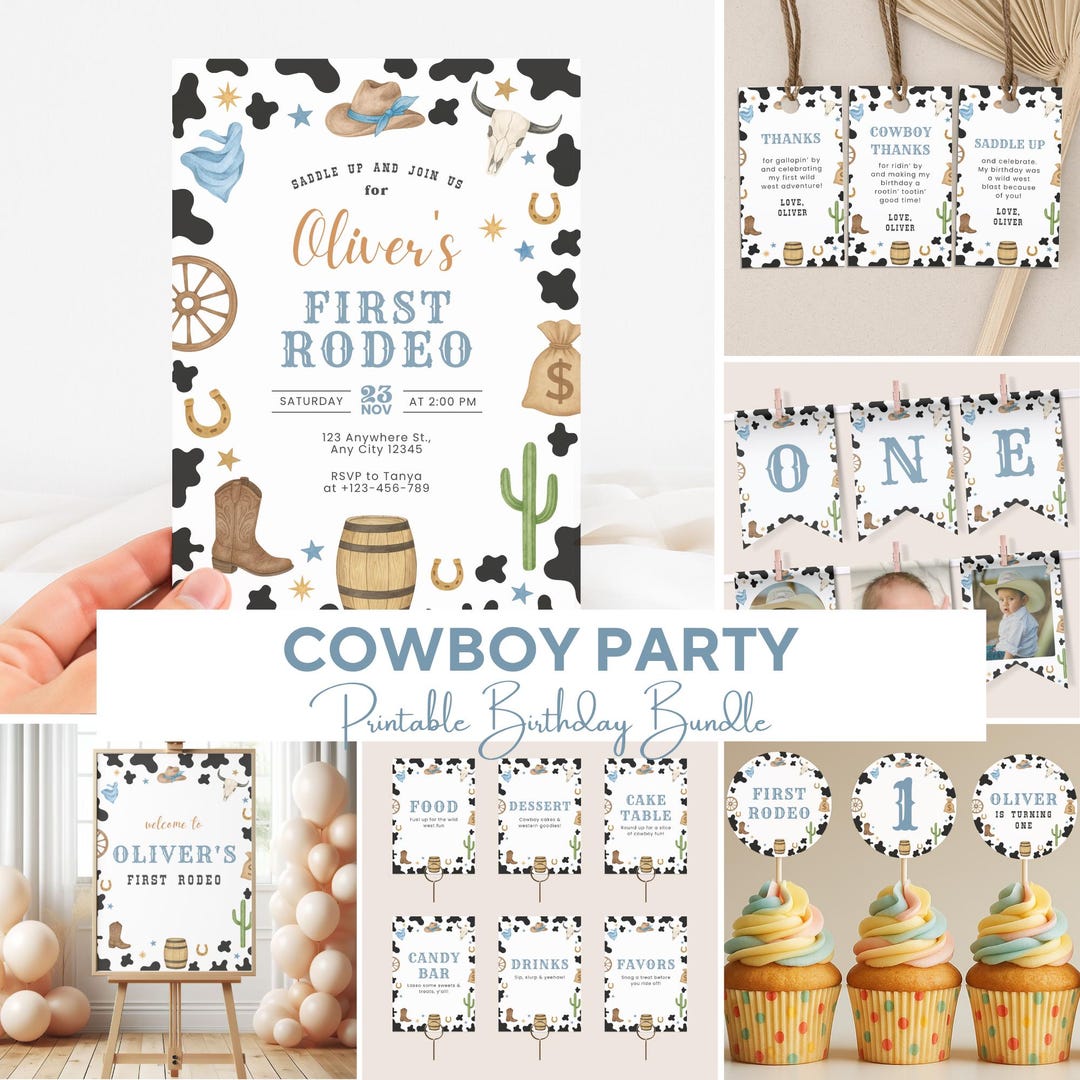 Editable First Rodeo Birthday Party Bundle, Cowboy Birthday Signs ...
