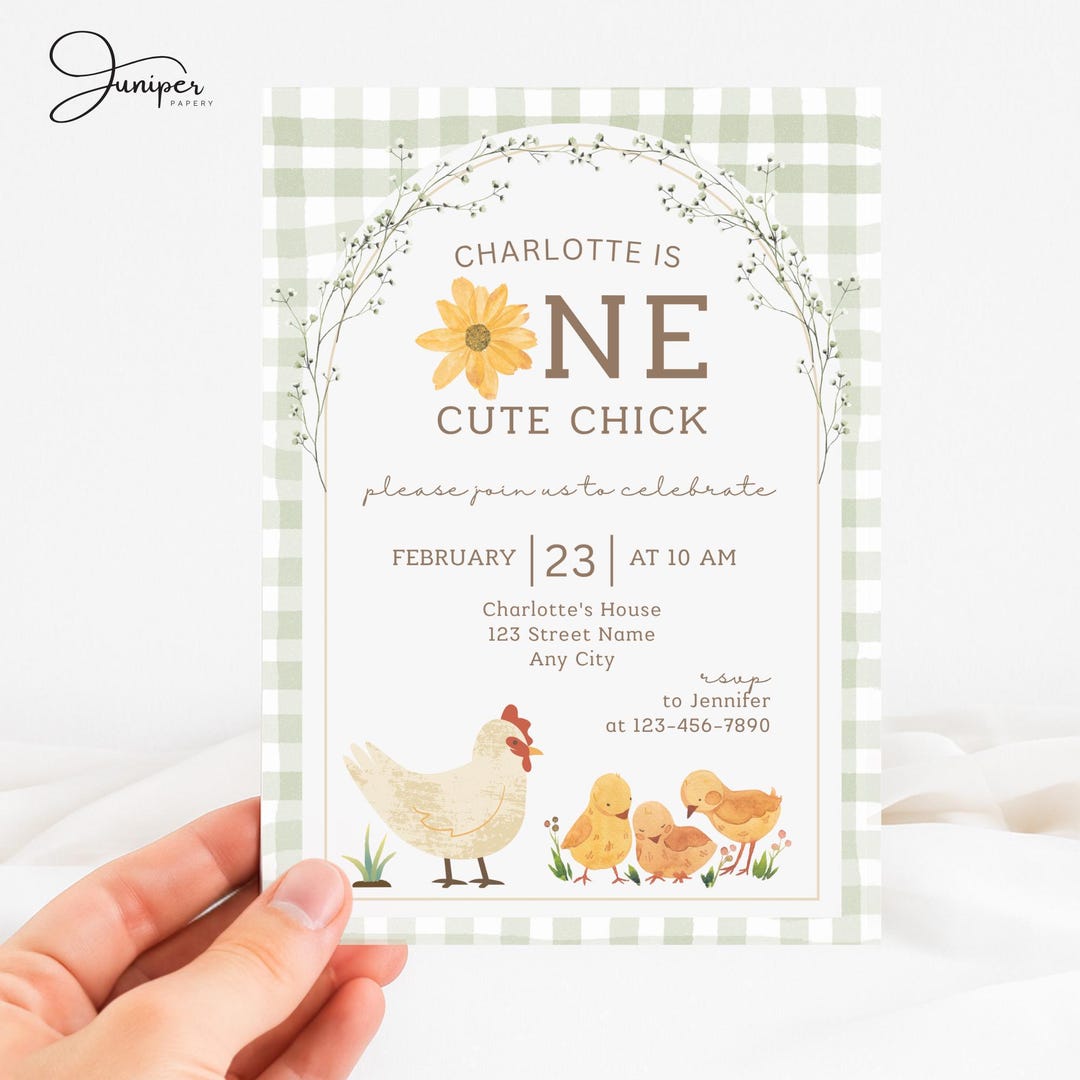 One Cute Chick Birthday Invitation, Green Gingham Chicken Birthday ...