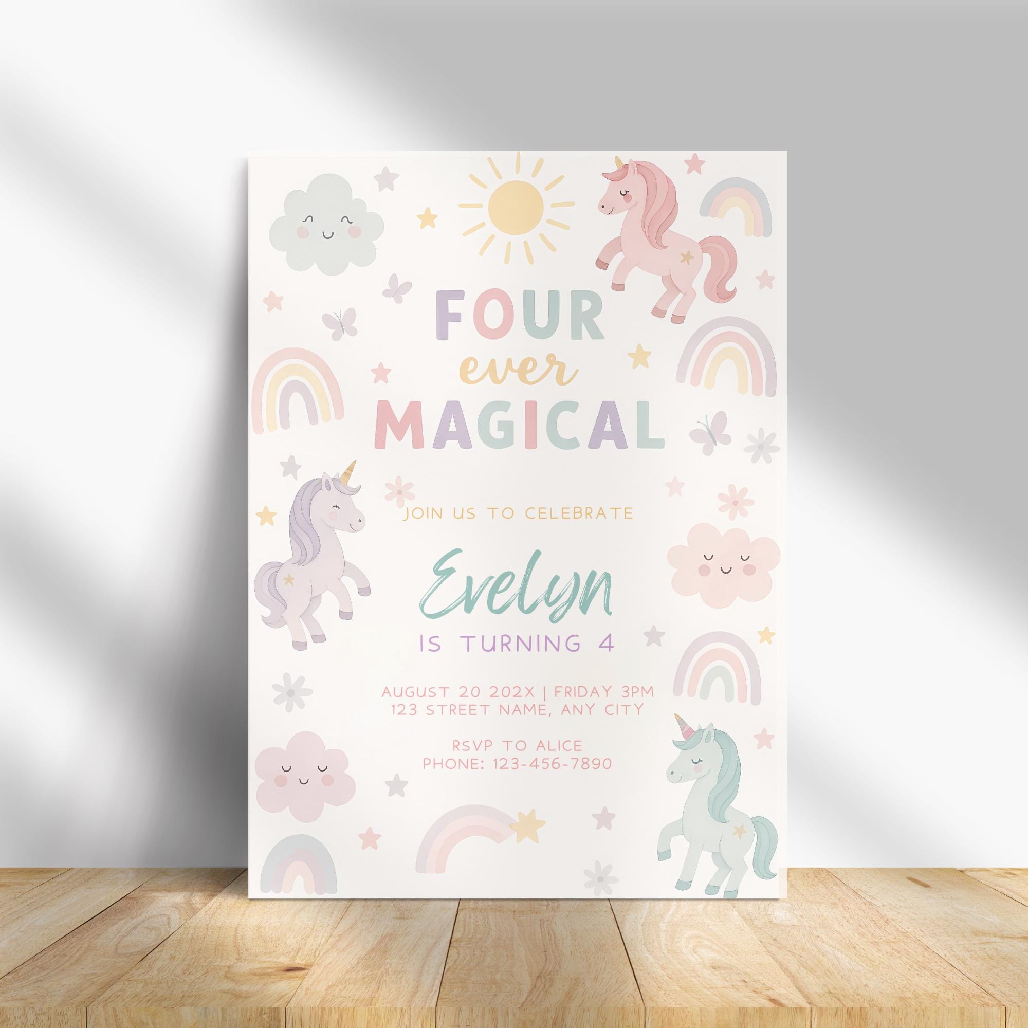 Four Ever Magical Unicorn Invitation Canva Template, Magical 4 Year Old ...