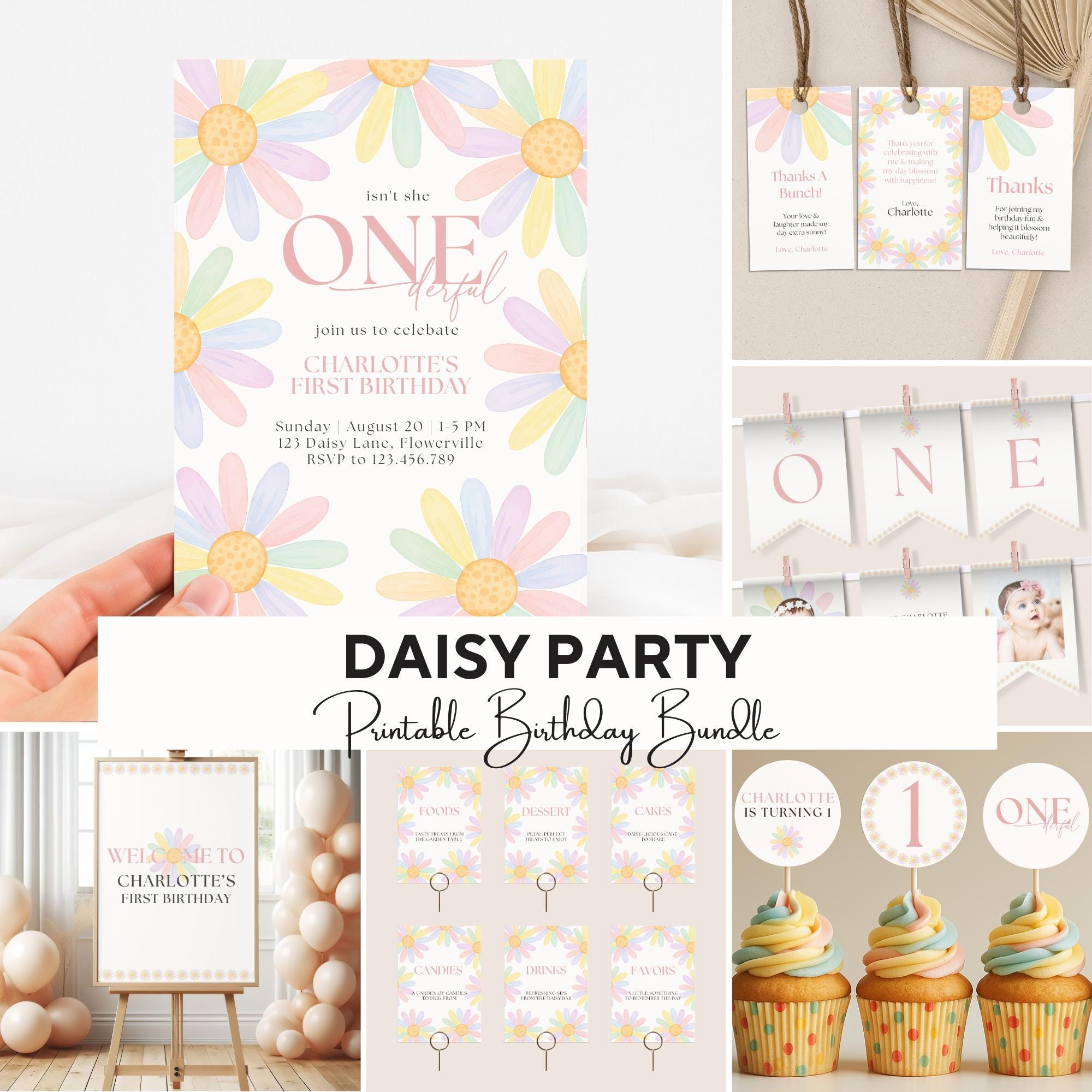 Editable Daisy Birthday Party Bundle, Pastel Flower Invitation and ...