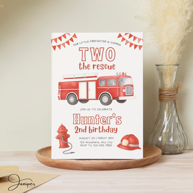 Two the Rescue Birthday Boy Invitation, Firetruck Birthday Invite, 2 ...