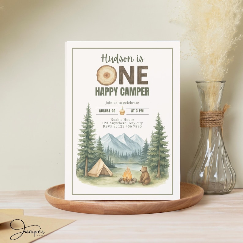 One Happy Camper Birthday Invite, Baby Birthday Invitation, First ...