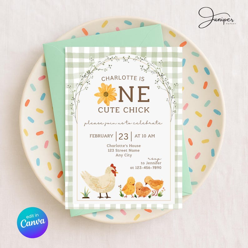 One Cute Chick Birthday Invitation, Green Gingham Chicken Birthday ...