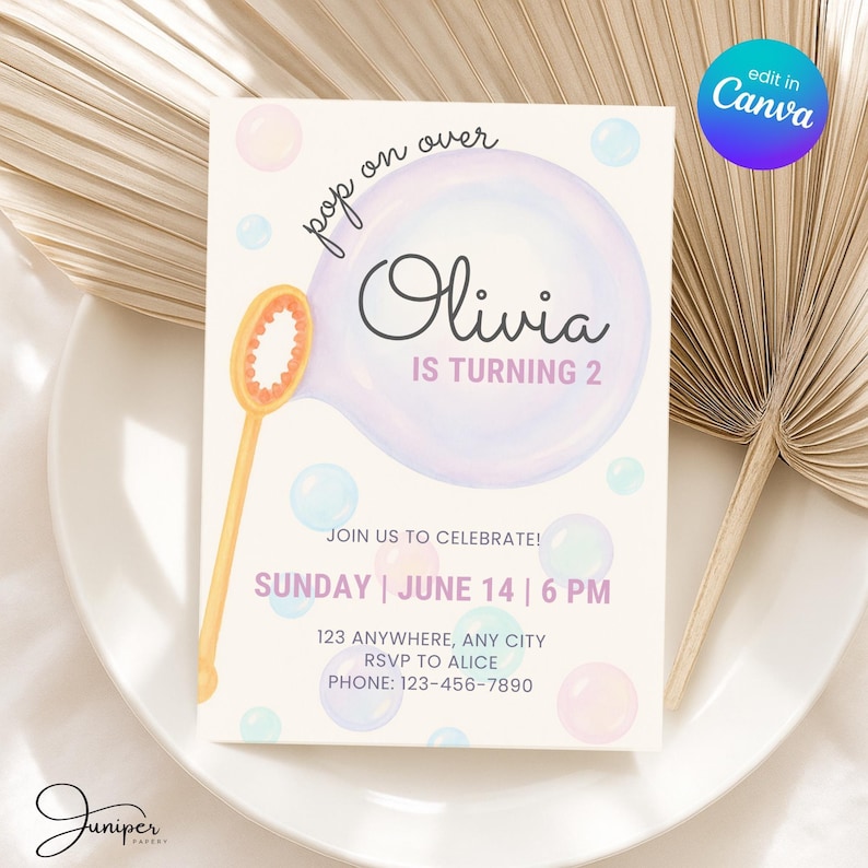 Bubble Birthday Invitation, Second Birthday Invite Bubbles, Pastel 2 ...