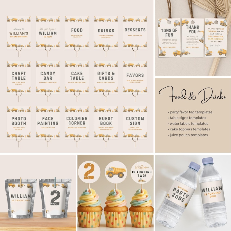 Editable Construction Birthday Bundle, Construction Vehicles Birthday ...