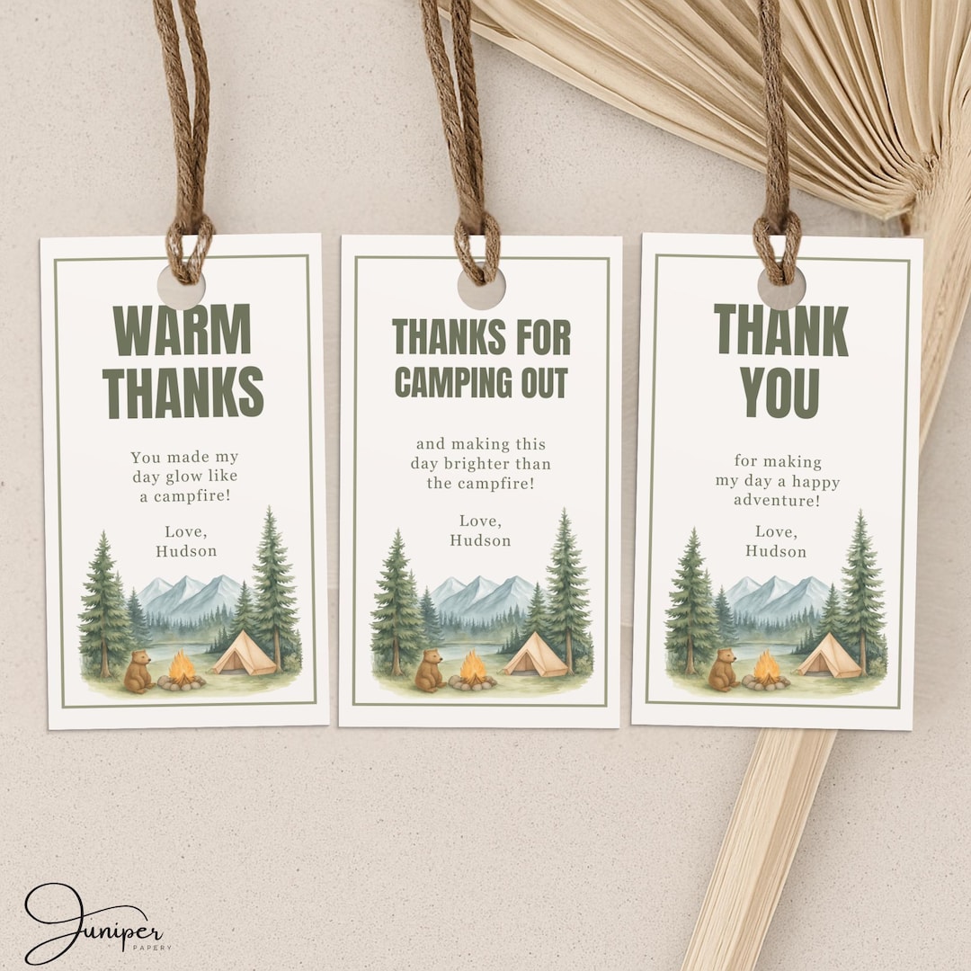 Editable One Happy Camper Favor Tags, Bear Camping Birthday Gift Tag ...