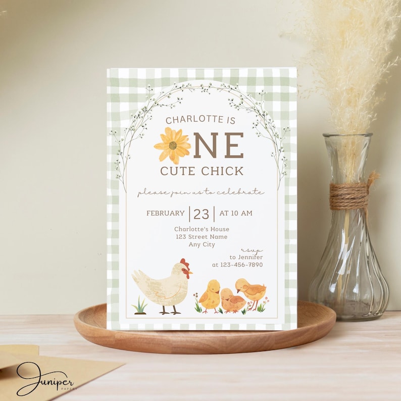 One Cute Chick Birthday Invitation, Green Gingham Chicken Birthday ...