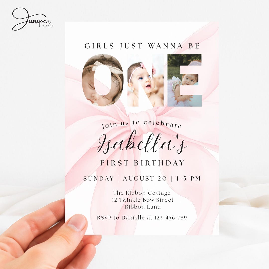 Girls Just Wanna Be One Invite, Pink Bow Photo Birthday Invitation ...