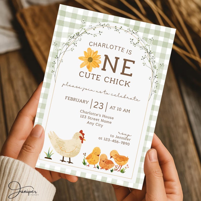 One Cute Chick Birthday Invitation, Green Gingham Chicken Birthday ...