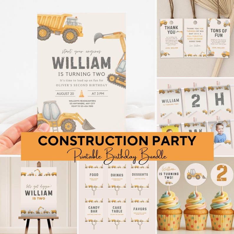 Editable Construction Birthday Bundle, Construction Vehicles Birthday ...