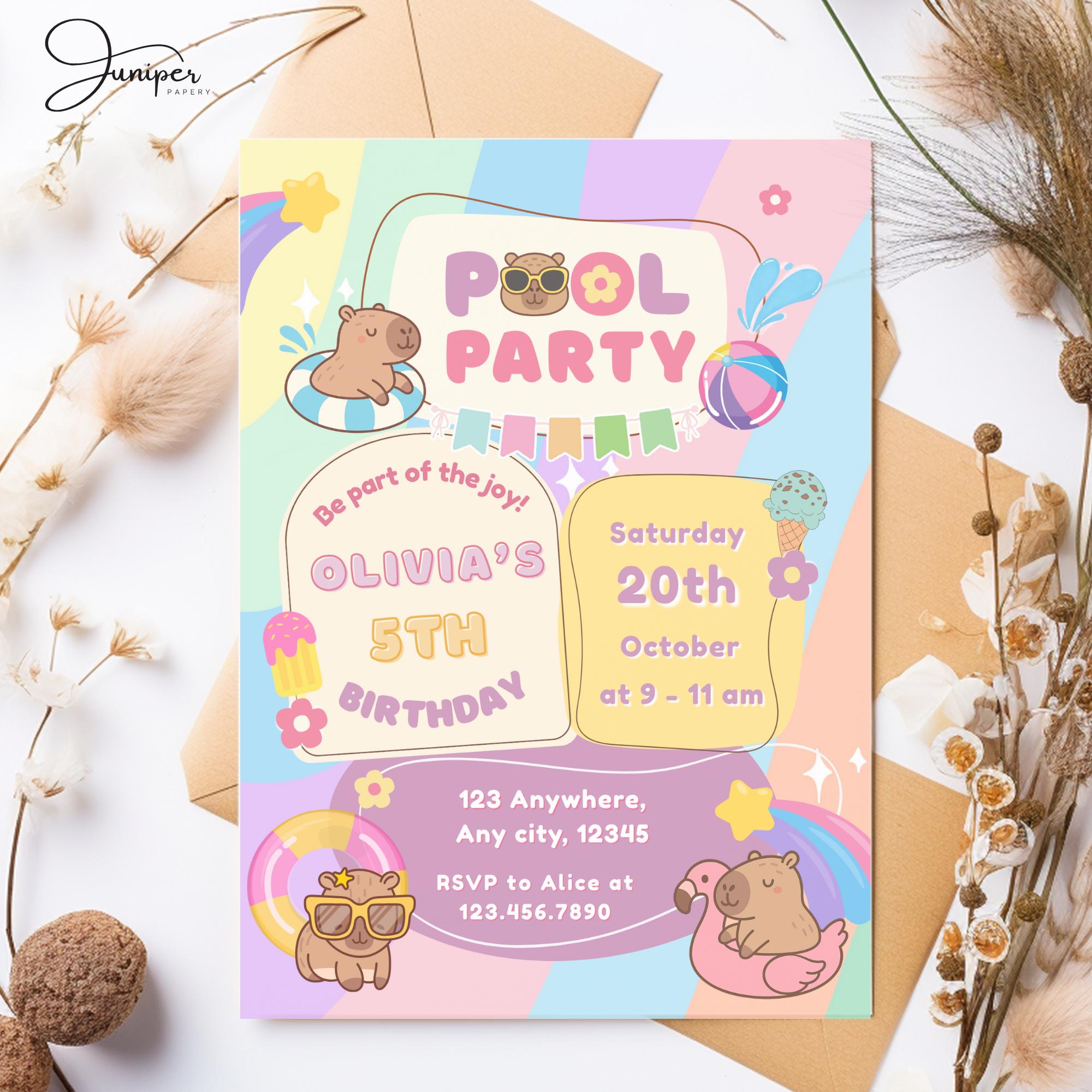 Capybara Pool Party Invite, Pool Party Birthday Invite, 5 Year Old ...