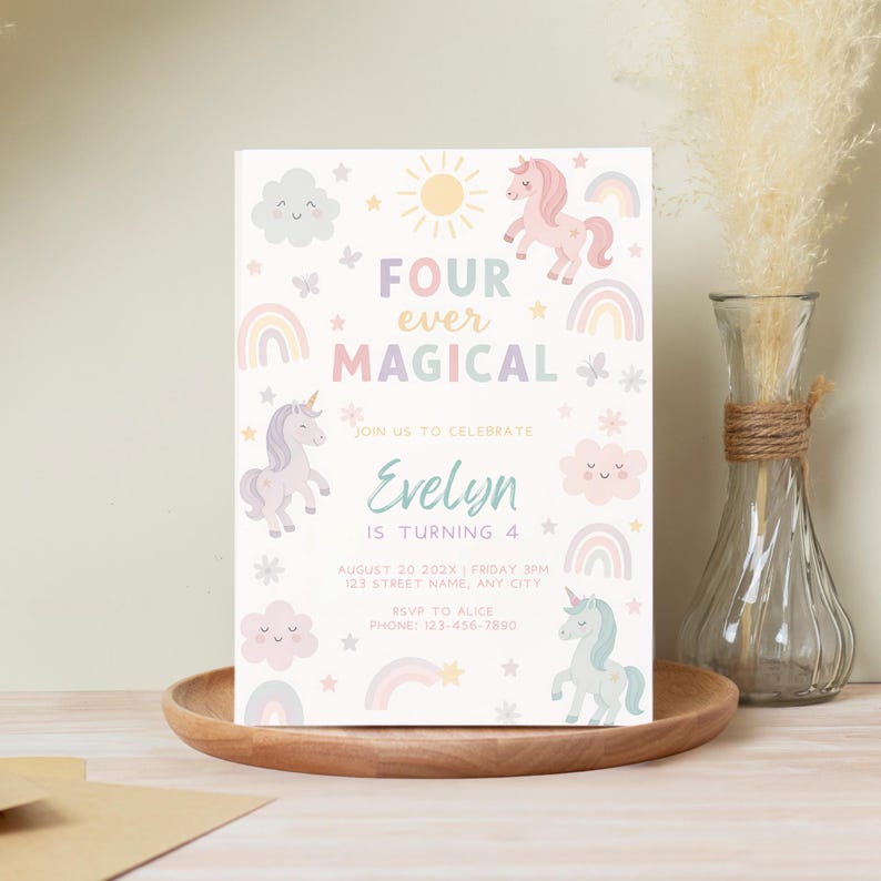Four Ever Magical Unicorn Invitation Canva Template, Magical 4 Year Old ...