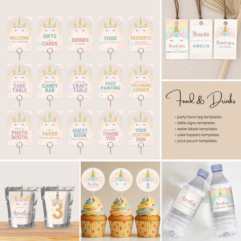 Editable Rainbow Unicorn Birthday Bundle, Unicorn Party Templates ...