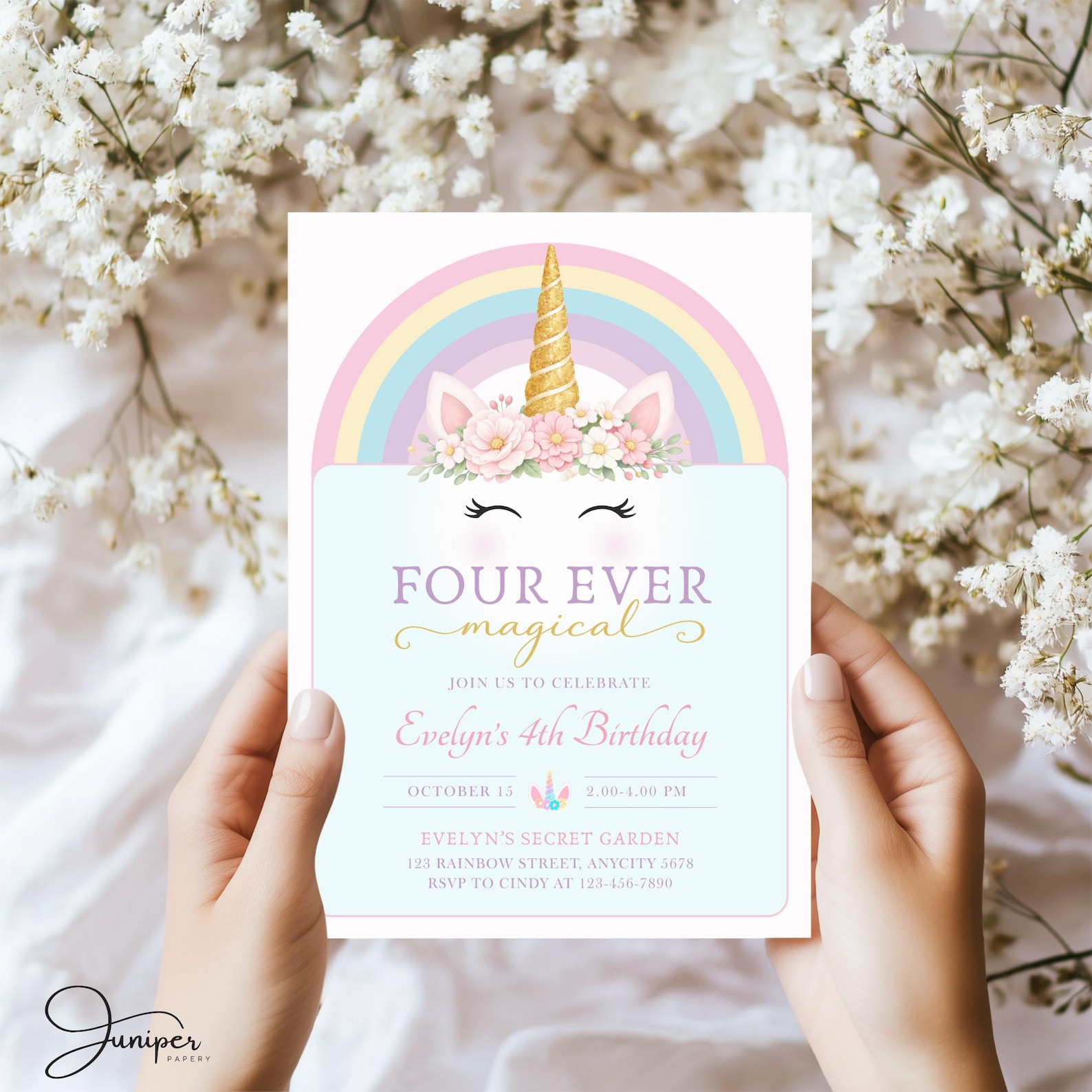 Four Ever Magical Unicorn Birthday Invitation, Pastel Unicorn Rainbow ...