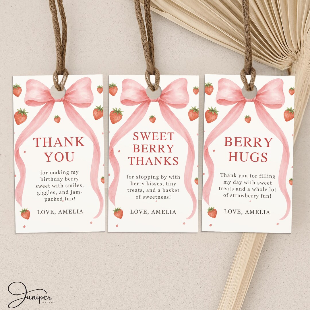 Editable Strawberry Favor Tags, Berry Sweet Birthday Gift Tags, Berry ...