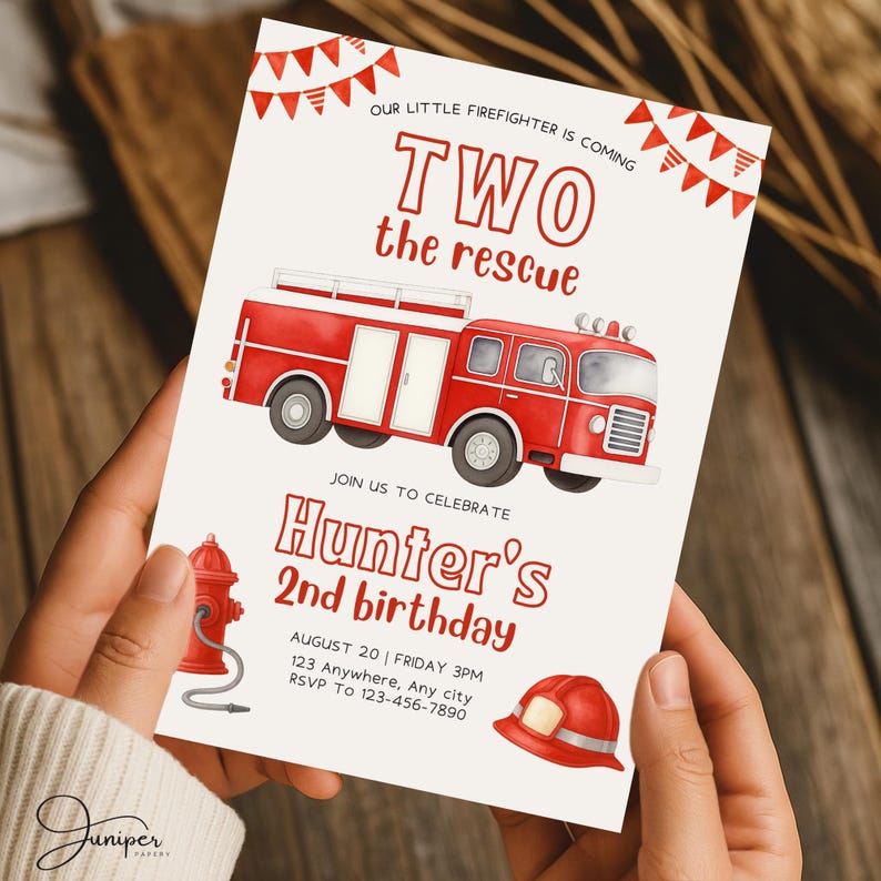 Two the Rescue Birthday Boy Invitation, Firetruck Birthday Invite, 2 ...