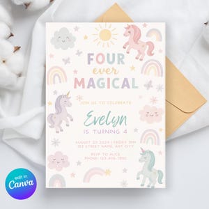 Four Ever Magical Unicorn Invitation Canva Template, Magical 4 Year Old ...