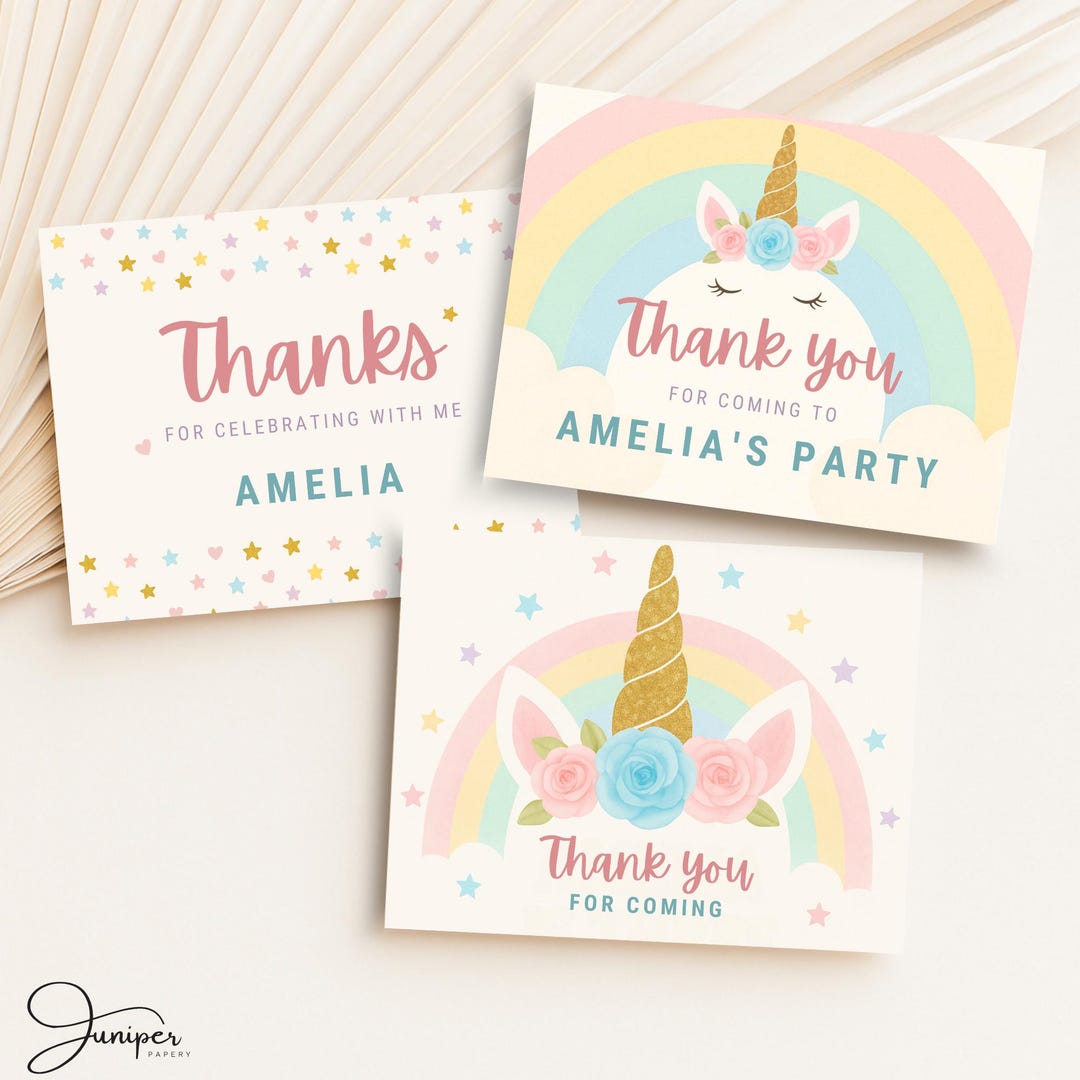 Editable Unicorn Rainbow Thank You Card Template, Unicorn Party Decor ...