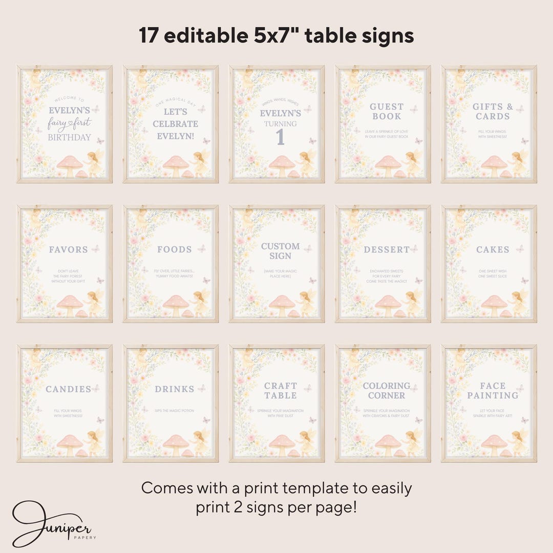 Editable Fairy Birthday Table Signs, Pastel Fairy Garden Party ...