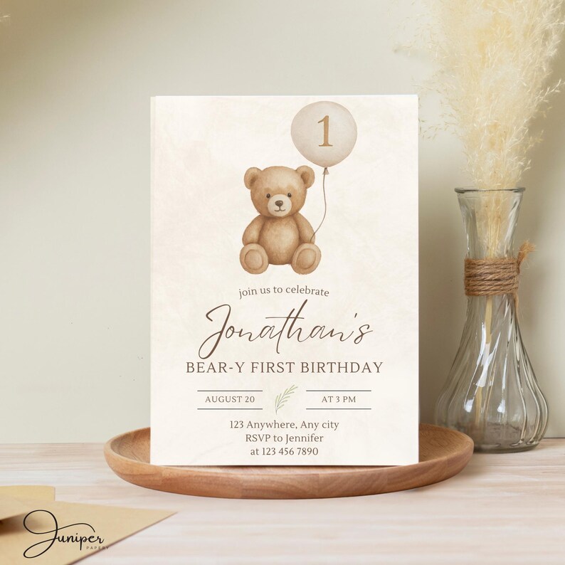 Beary First Birthday Invitation Boy or Girl, Beary 1st Birthday Invite ...